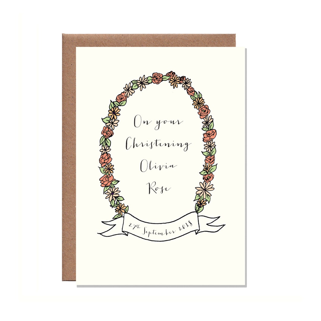 Personalised Floral Wreath Name and Date Christening or Baptism Card ...