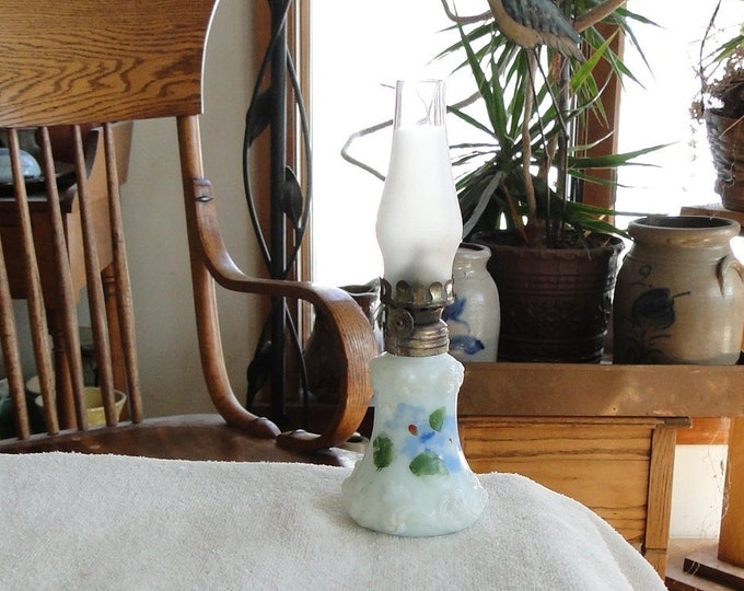 Antique White Milk Glass Scroll Pattern Miniature Oil Lamp With Blue ...
