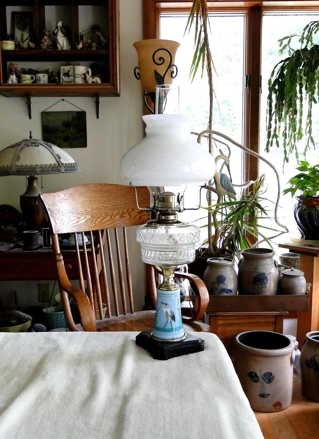 Antique Composite Oil Lamp-blue Milk Glass Stem Featuring Stork Topped ...