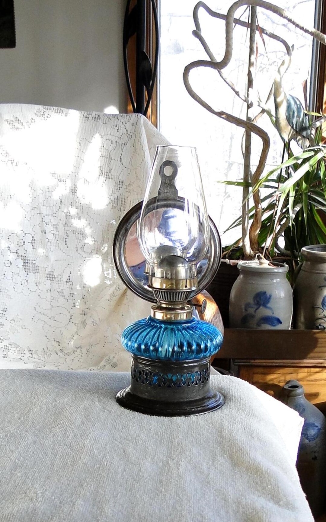 Antique Blue Glass DITMAR Wall Hanging Oil Lamp With Mirror Reflector ...