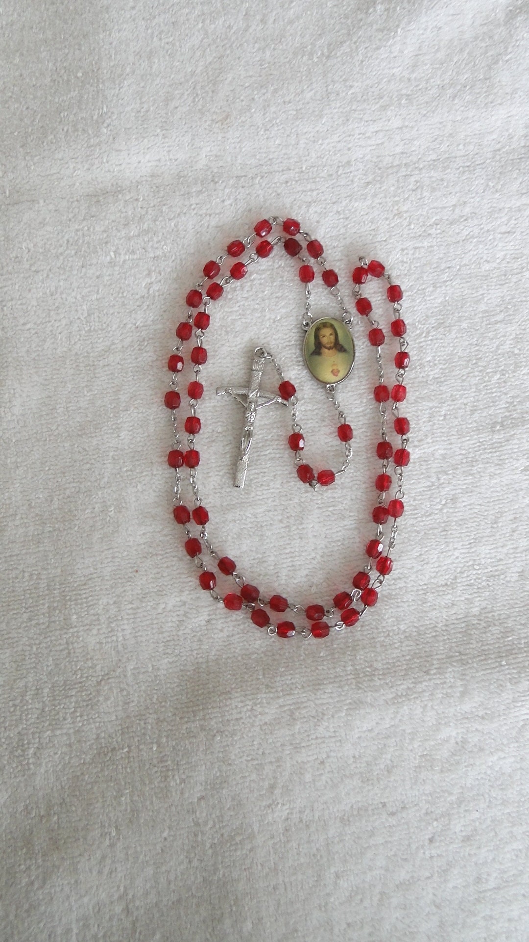 Vintage Red Plastic Beaded Rosary -wearable-28 Inch Necklace-6 1/2 Inch ...