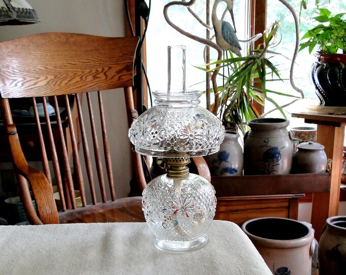 Antique Miniature Clear Glass Oil Lamp With Embossed Design of Flowers ...