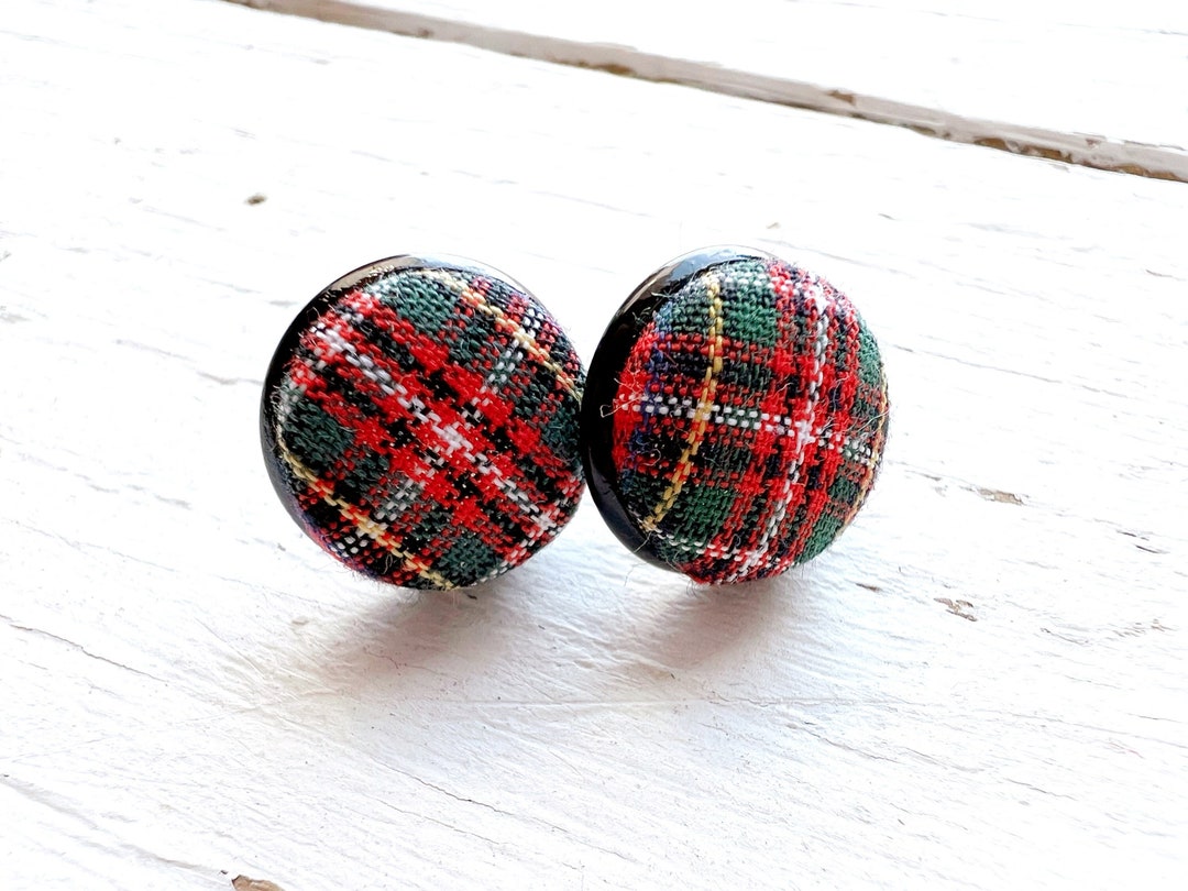 Christmas Stewart Tartan Jewelry Tiny Stud Earring Set Red Plaid Bezel ...