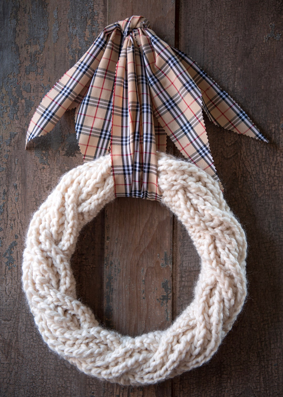 Hand Knit Winter Wreath, Farmhouse Wreath, Knitted Cable Wreath, Unique ...