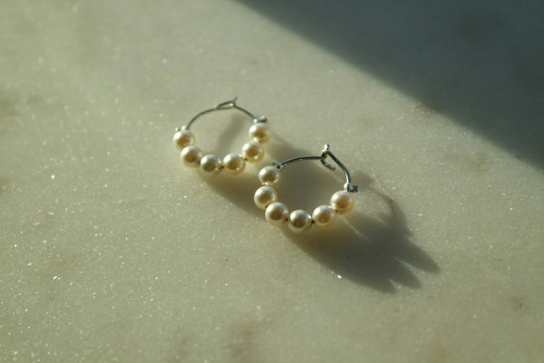 Silver Pearl Hoops, Mini Silver Hoops, Silver Drop Hoops, Small Hoop ...