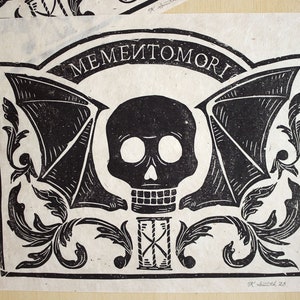 Memento Mori | Handmade Linocut Print | Gothic Gravestone Skull With ...