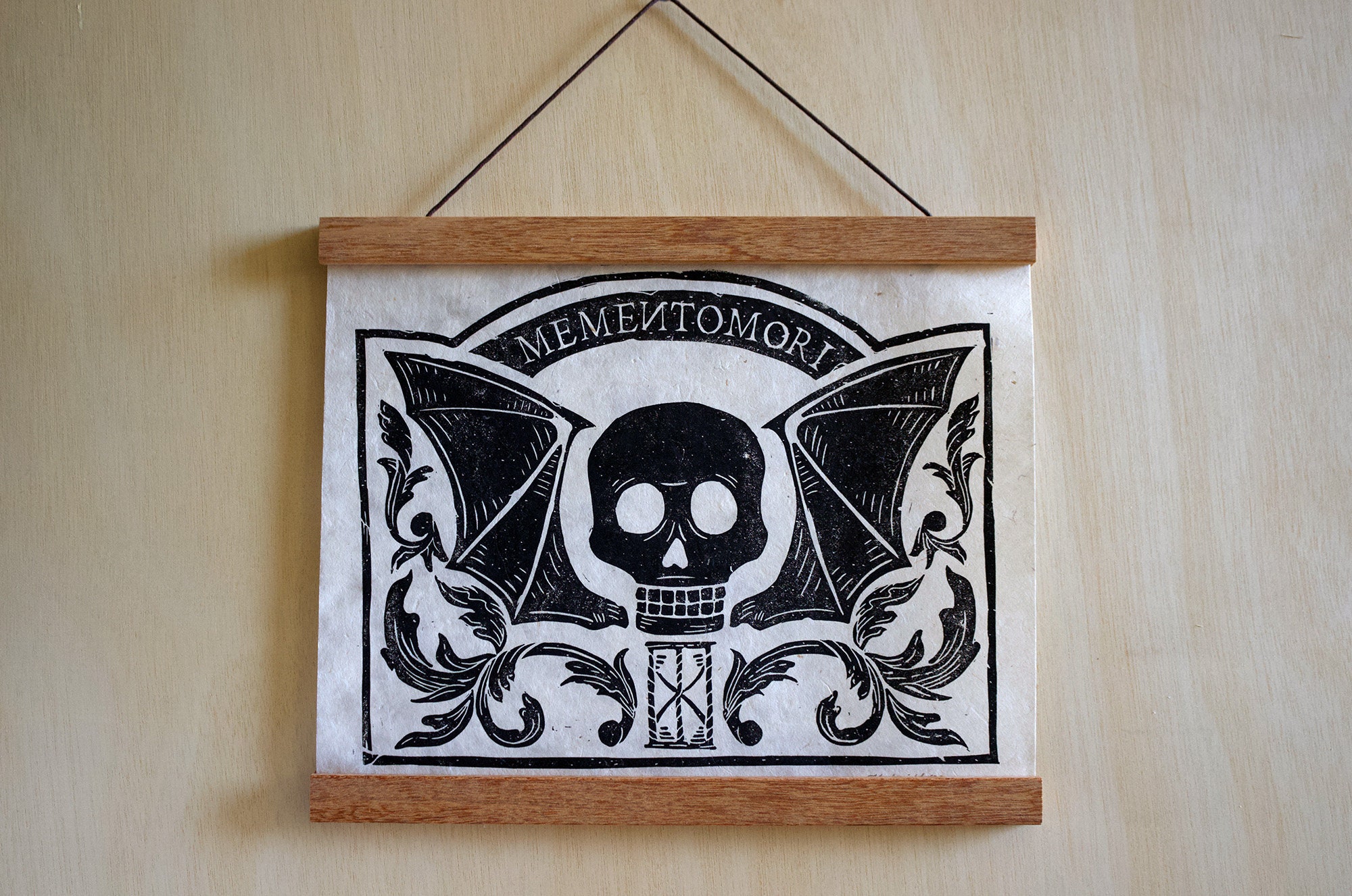 Memento Mori | Handmade Linocut Print | Gothic Gravestone Skull With ...