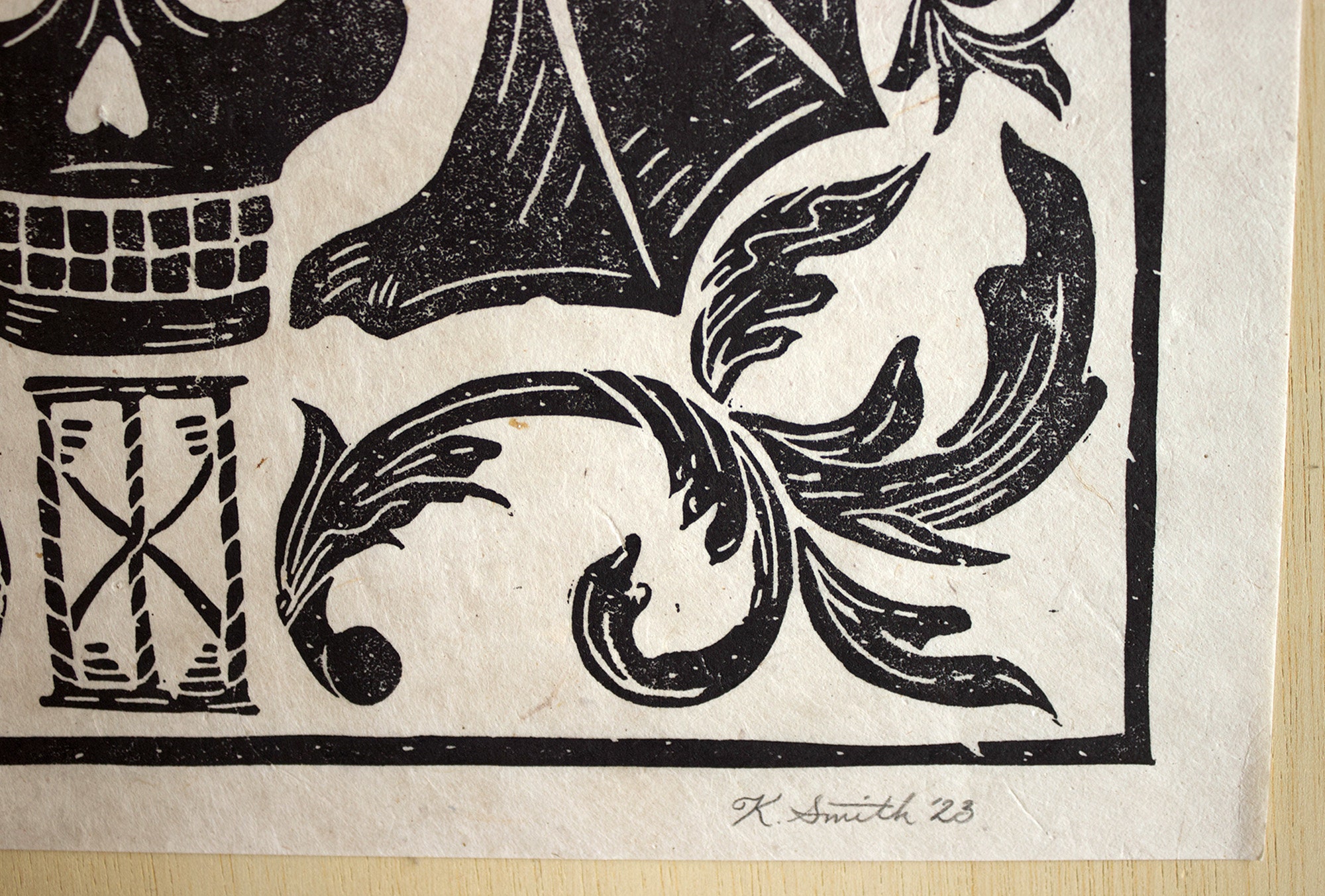 Memento Mori | Handmade Linocut Print | Gothic Gravestone Skull With ...
