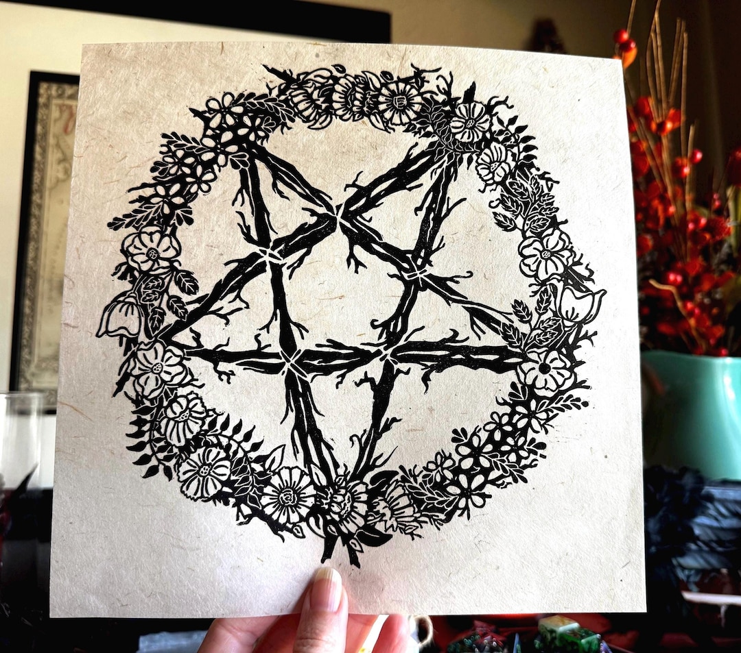 Beltane Pentagram Wreath Linocut Print | Handmade Folk Art | Black ...
