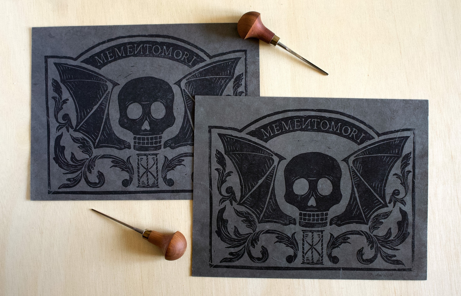 Memento Mori | Handmade Linocut Print | Gothic Gravestone Skull With ...