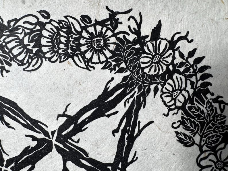 Beltane Pentagram Wreath Linocut Print | Handmade Folk Art | Black ...