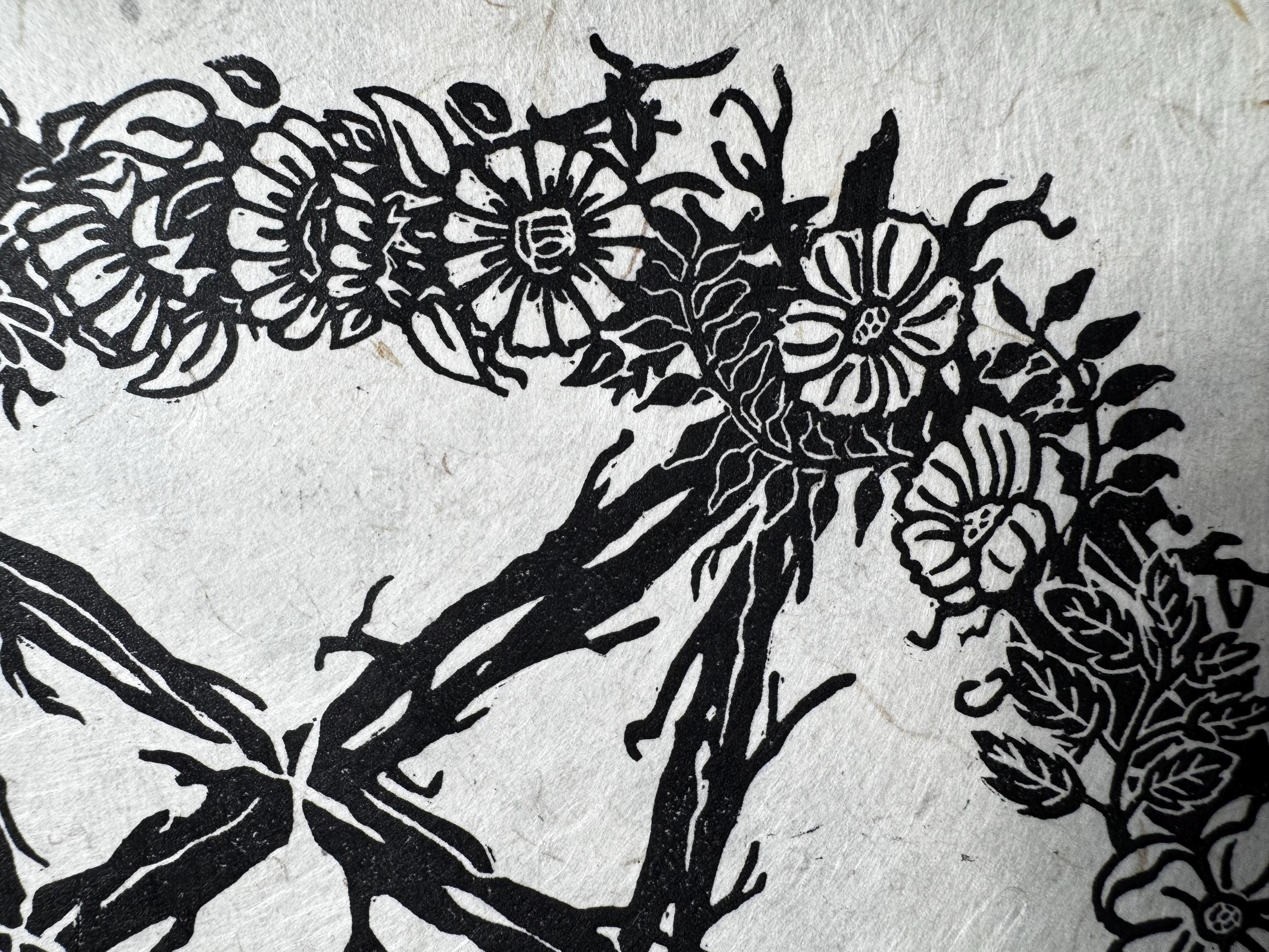Beltane Pentagram Wreath Linocut Print | Handmade Folk Art | Black ...