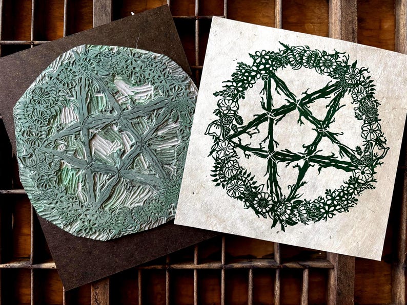 Beltane Pentagram Wreath Linocut Print | Handmade Folk Art | Black ...