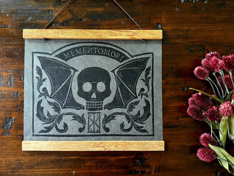 Memento Mori | Handmade Linocut Print | Gothic Gravestone Skull With ...