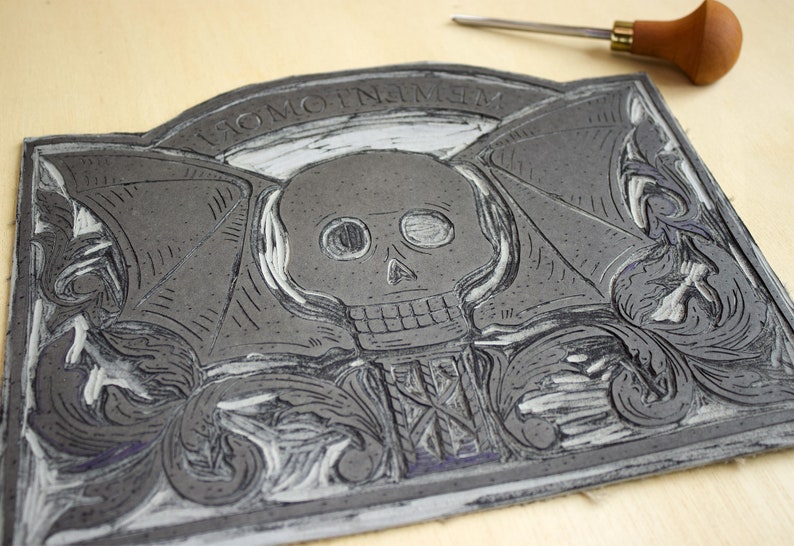 Memento Mori | Handmade Linocut Print | Gothic Gravestone Skull With ...