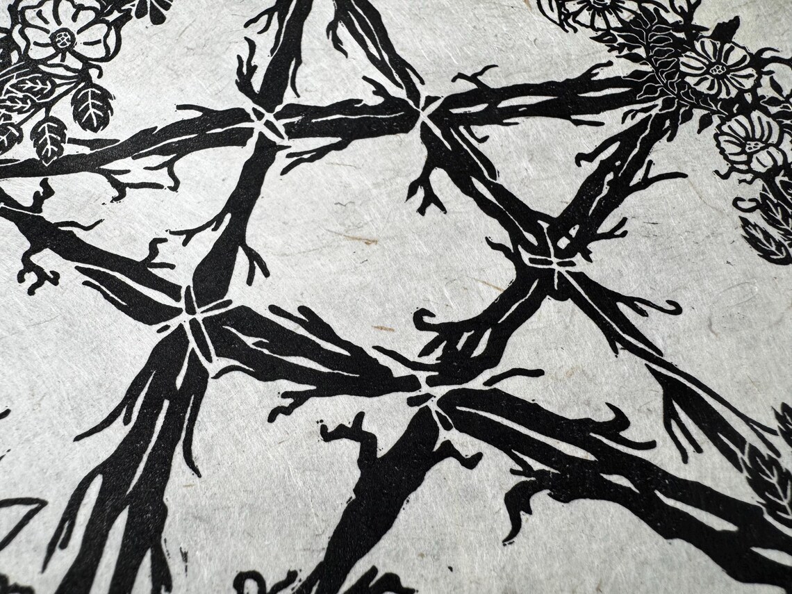 Beltane Pentagram Wreath Linocut Print | Handmade Folk Art | Black ...