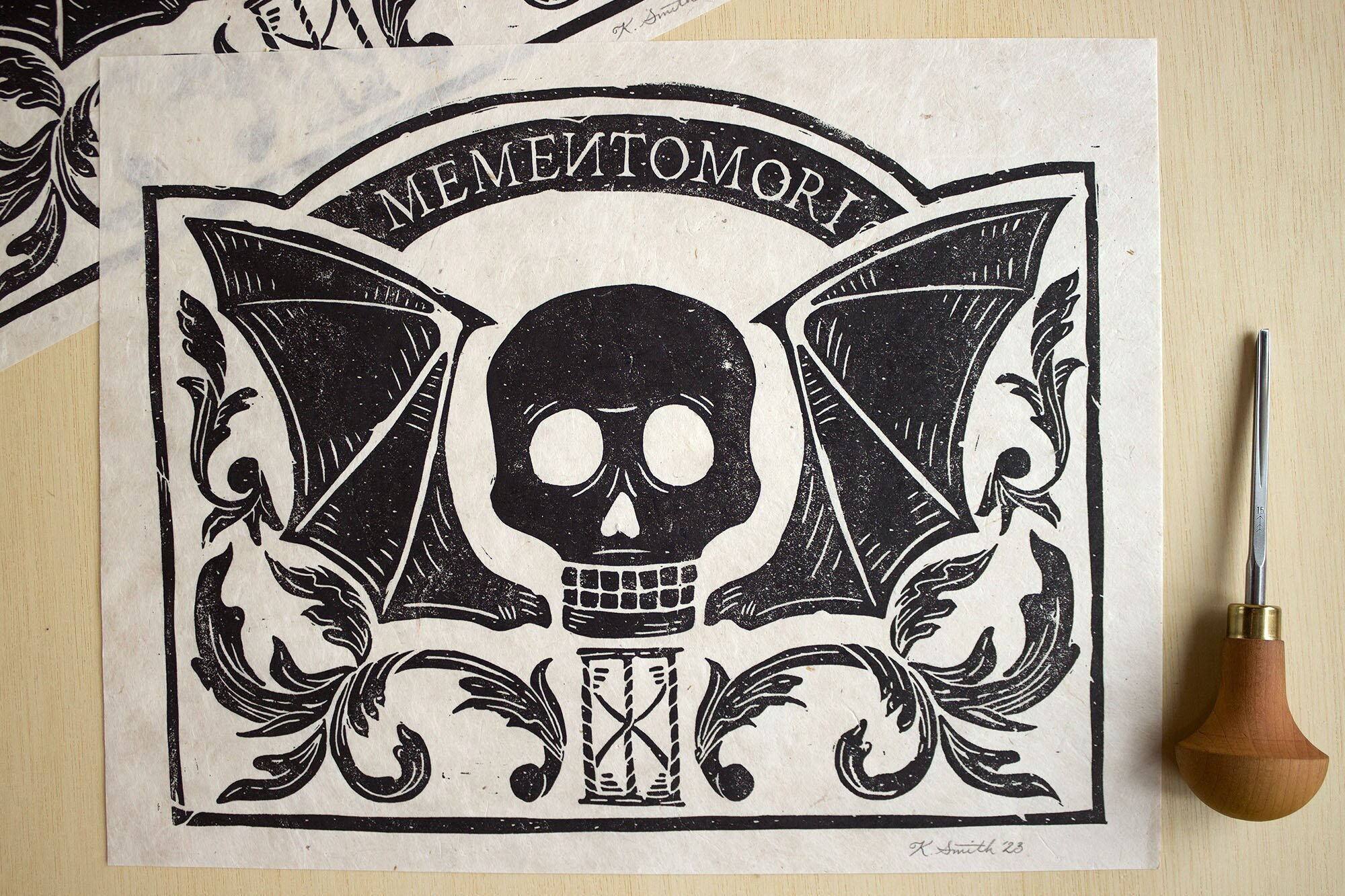 Memento Mori | Handmade Linocut Print | Gothic Gravestone Skull With ...