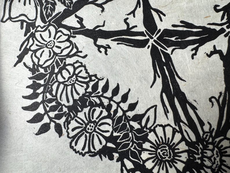 Beltane Pentagram Wreath Linocut Print | Handmade Folk Art | Black ...