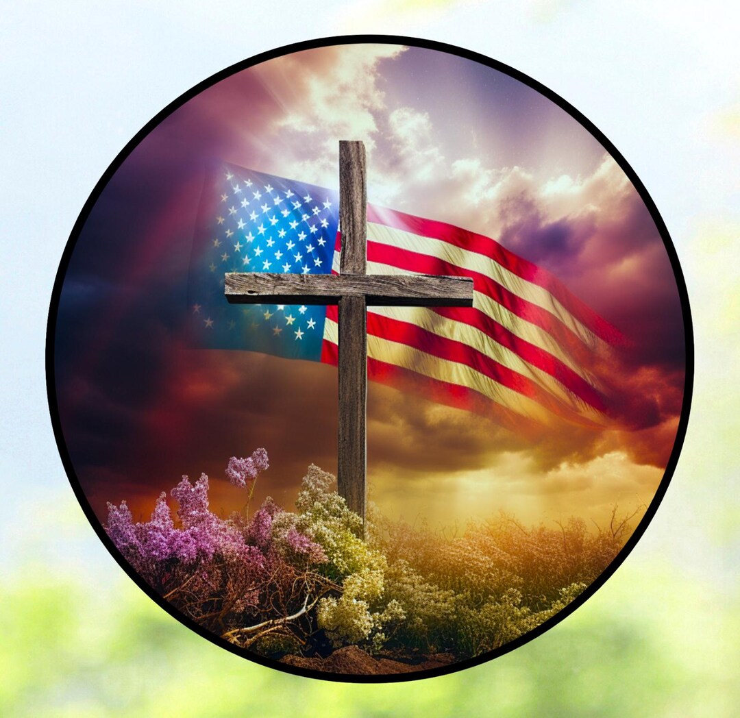 God's Country Cross & American Flag WINDOW CLING Deluxe Vinyl ...