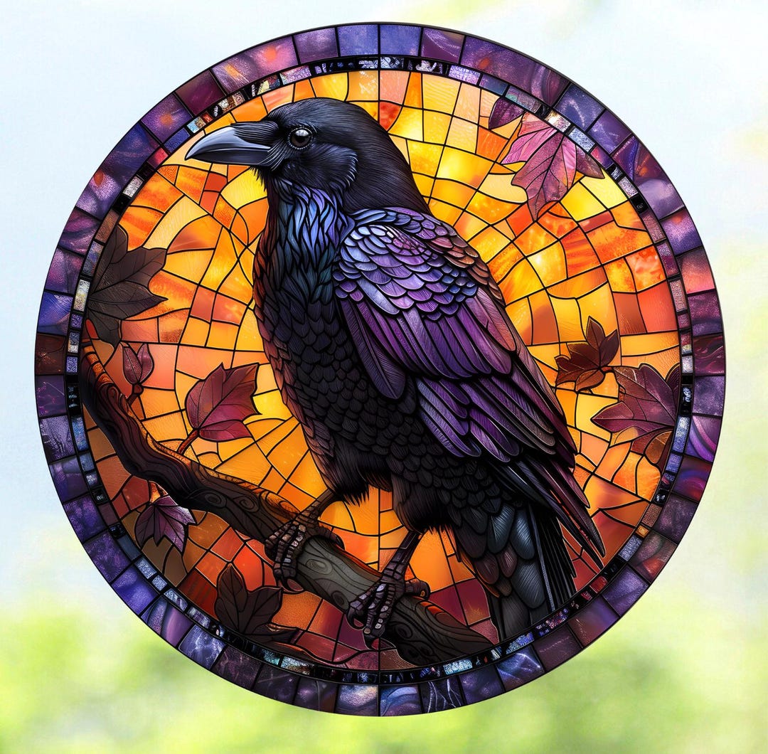 Raven Faux Stained Glass Window Cling ~ Blackbird ~ Sun-catcher Size 8 ...