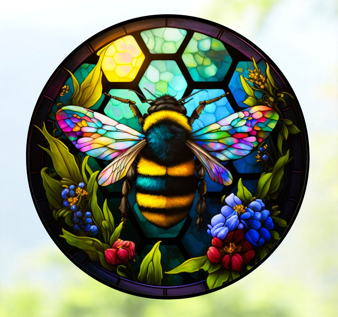 Bee Honeycomb WINDOW CLING Suncatcher Faux Stained Glass Size 8 Round ...