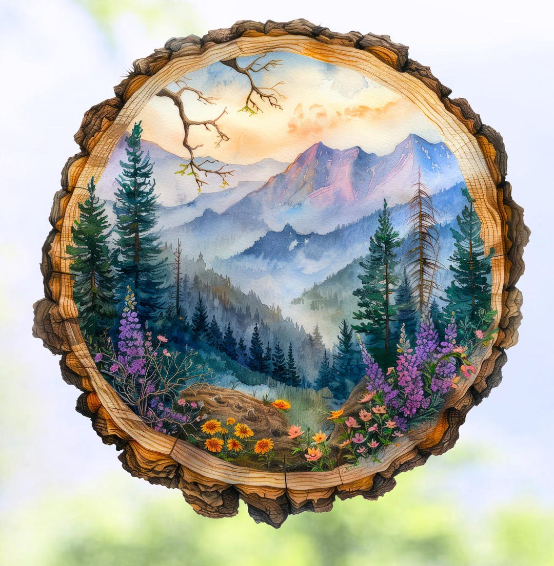 Mountains, Trees & Wildflowers WINDOW CLING Glossy, Translucent, Double ...