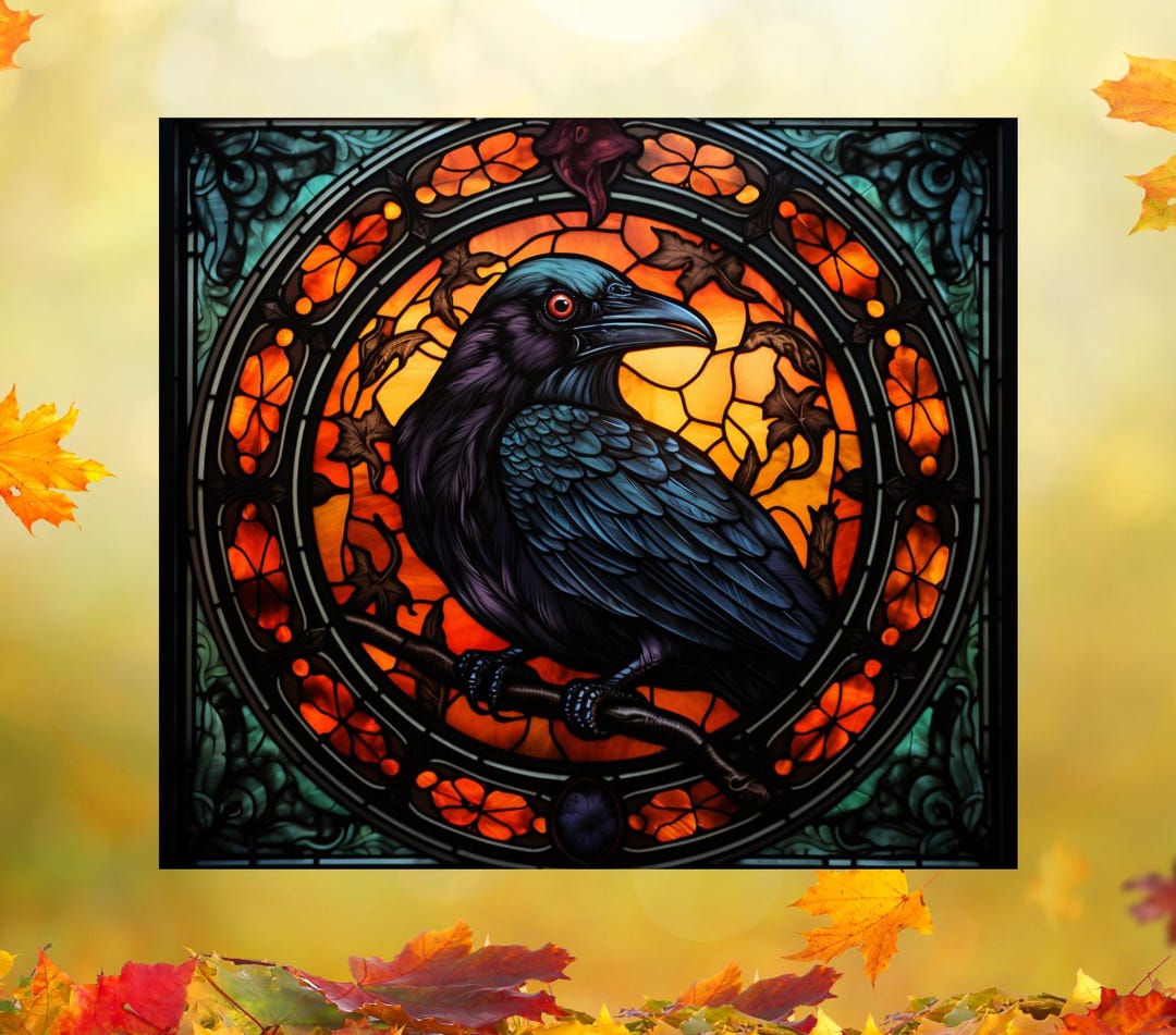 Raven Faux Stained Glass Window Cling ~ Blackbird ~ Sun-catcher Size 9. ...