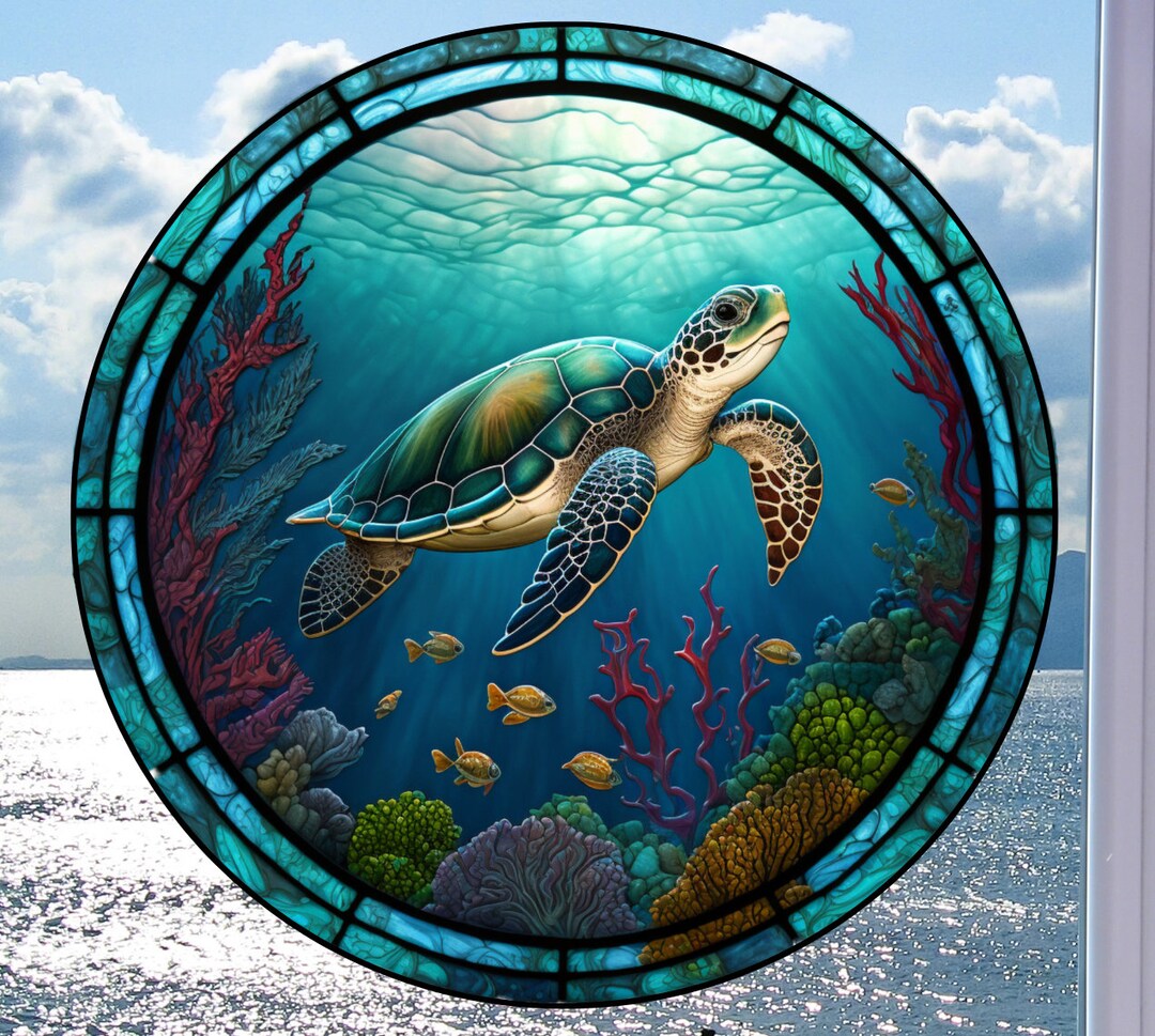 Faux Stained Glass Sea Turtle WINDOW CLING Colorful Sea Life Suncatcher