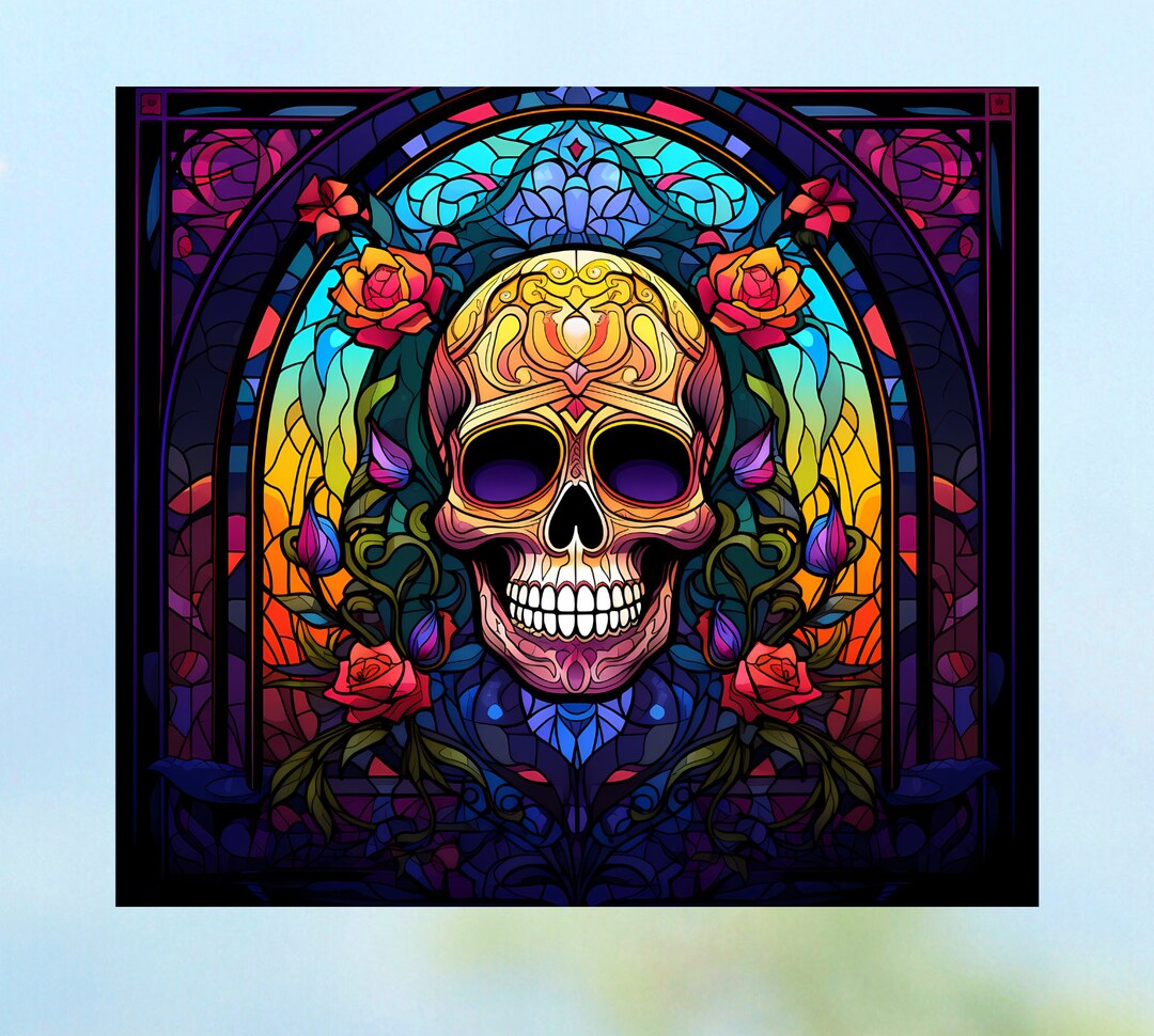 Sugar Skull WINDOW CLING Colorful Faux Stained Glass Roses Suncatcher ...