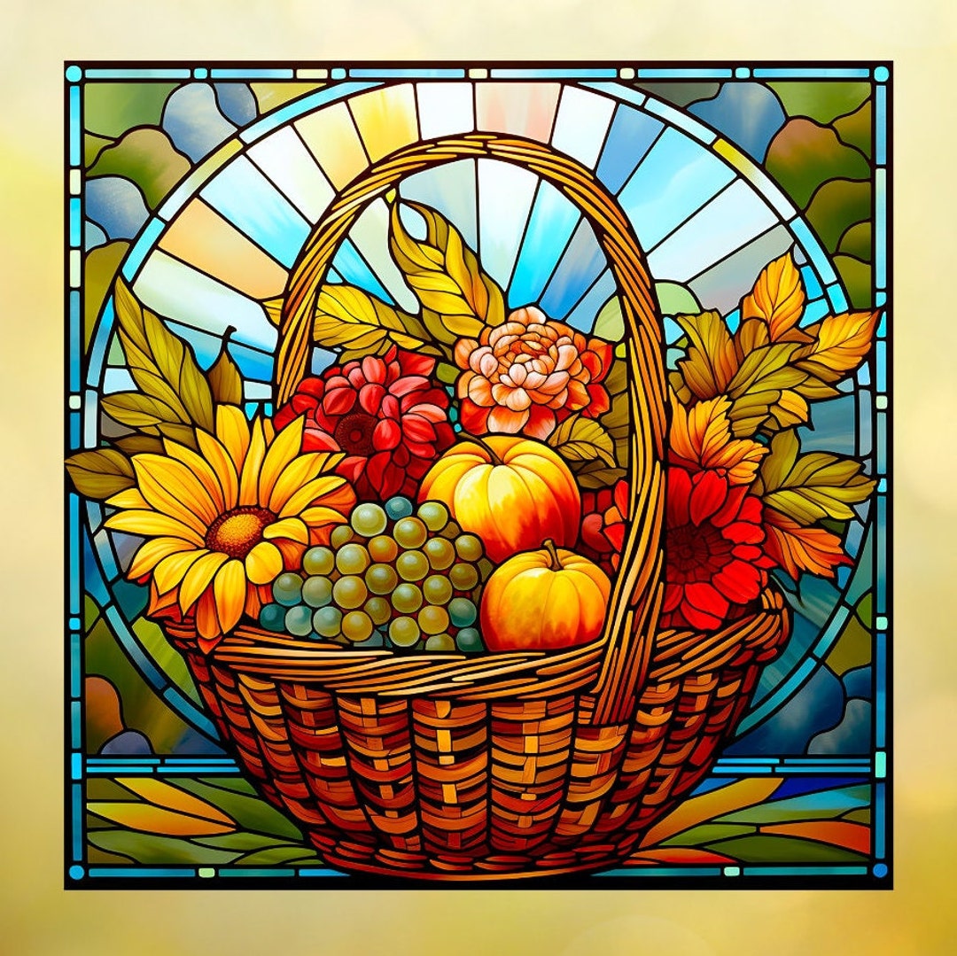 Fall Harvest Basket WINDOW CLING Faux Stained Glass Autumn Suncatcher ...