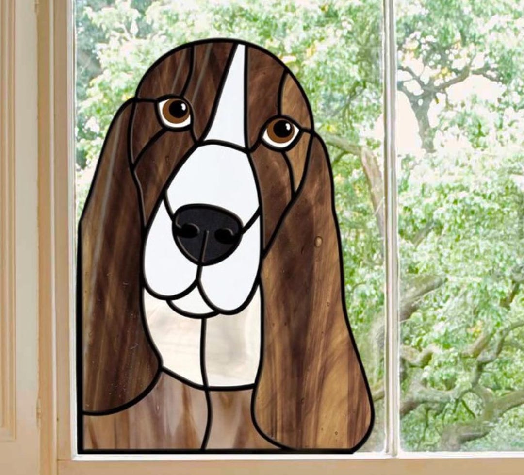 Peeking Basset Hound Faux Stained Glass Deluxe WINDOW CLING ~ Dog ...