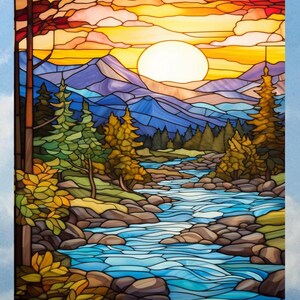 River at Sunset Faux Stained-glass WINDOW CLING Deluxe Vinyl Suncatcher ...