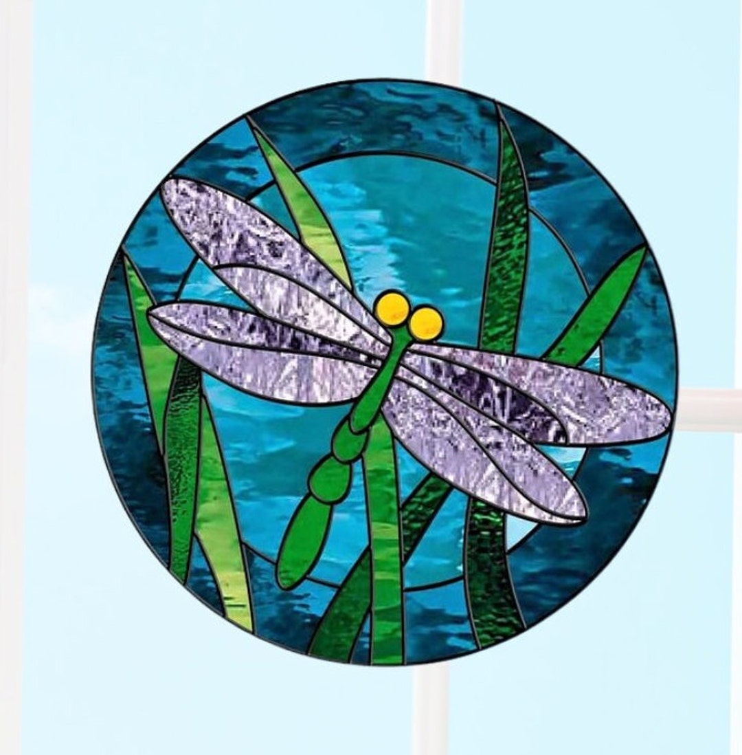 Faux Stained Glass Dragonfly WINDOW CLING Suncatcher Round Size 8 ...