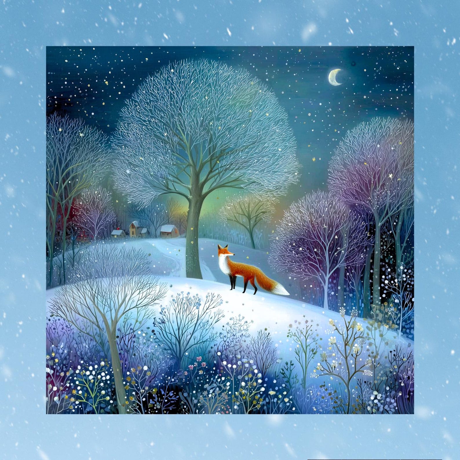 Woodland Fox on Snowy Winter Night WINDOW CLING Glass-like Suncatcher 2 ...