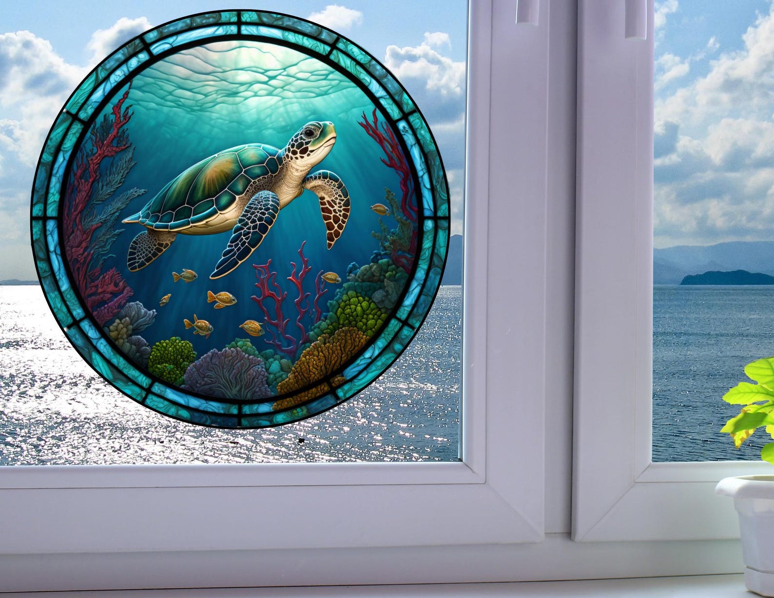 Sea Turtle Faux Stained-glass WINDOW CLING Glossy, Translucent, Double ...