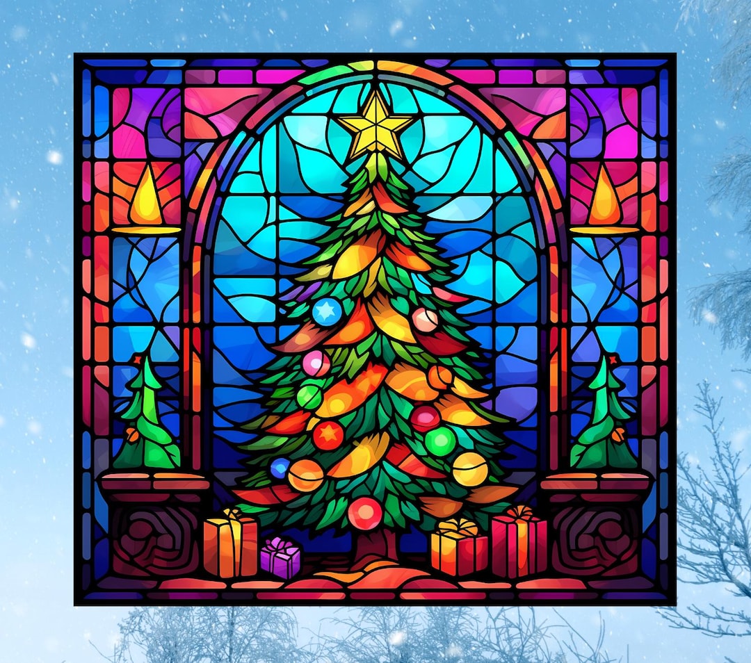 Colorful Christmas Tree Faux Stained-glass WINDOW CLING Deluxe Vinyl ...