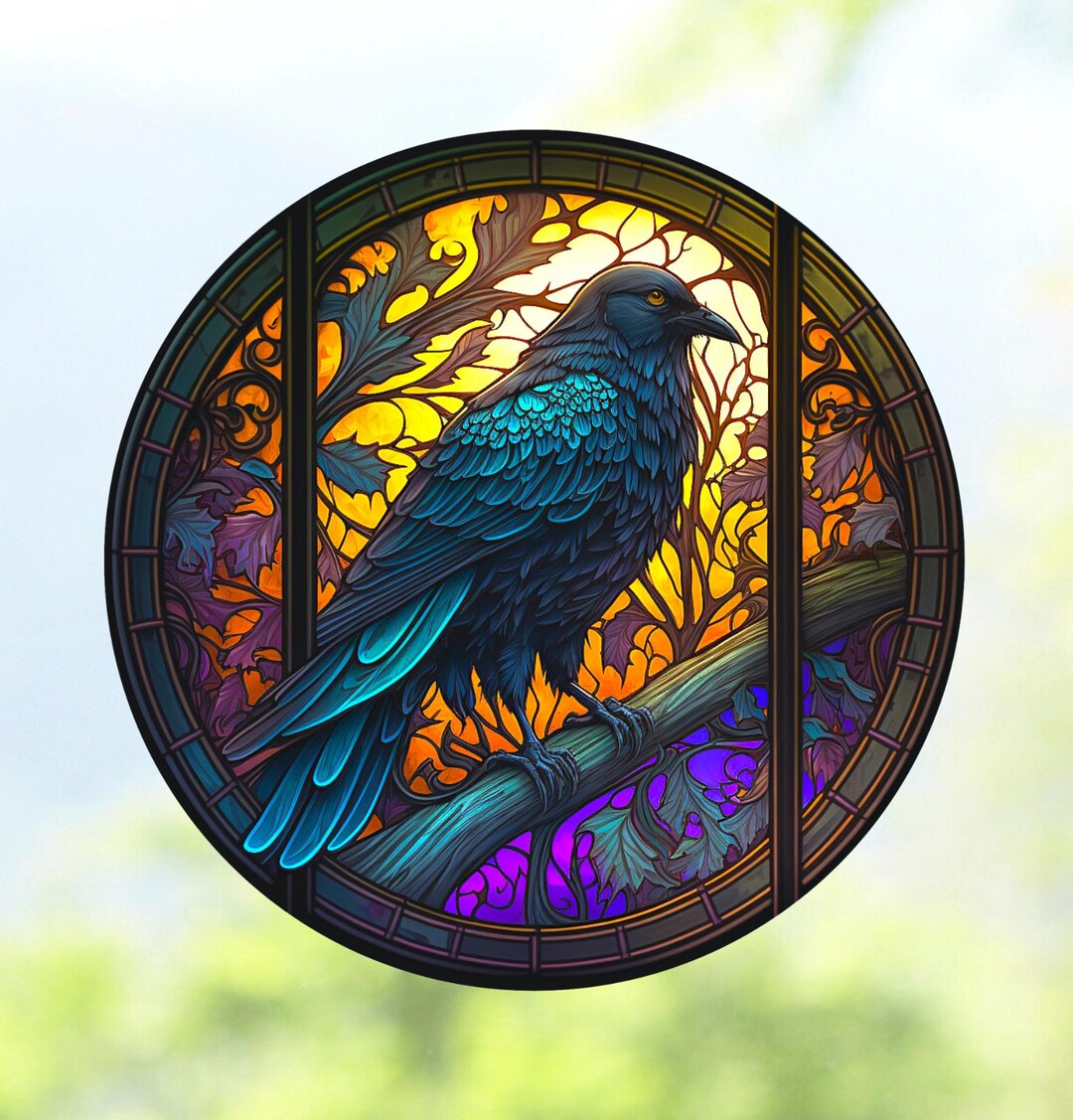 Raven Faux Stained-glass WINDOW CLING Glass-like Suncatcher Crow ...