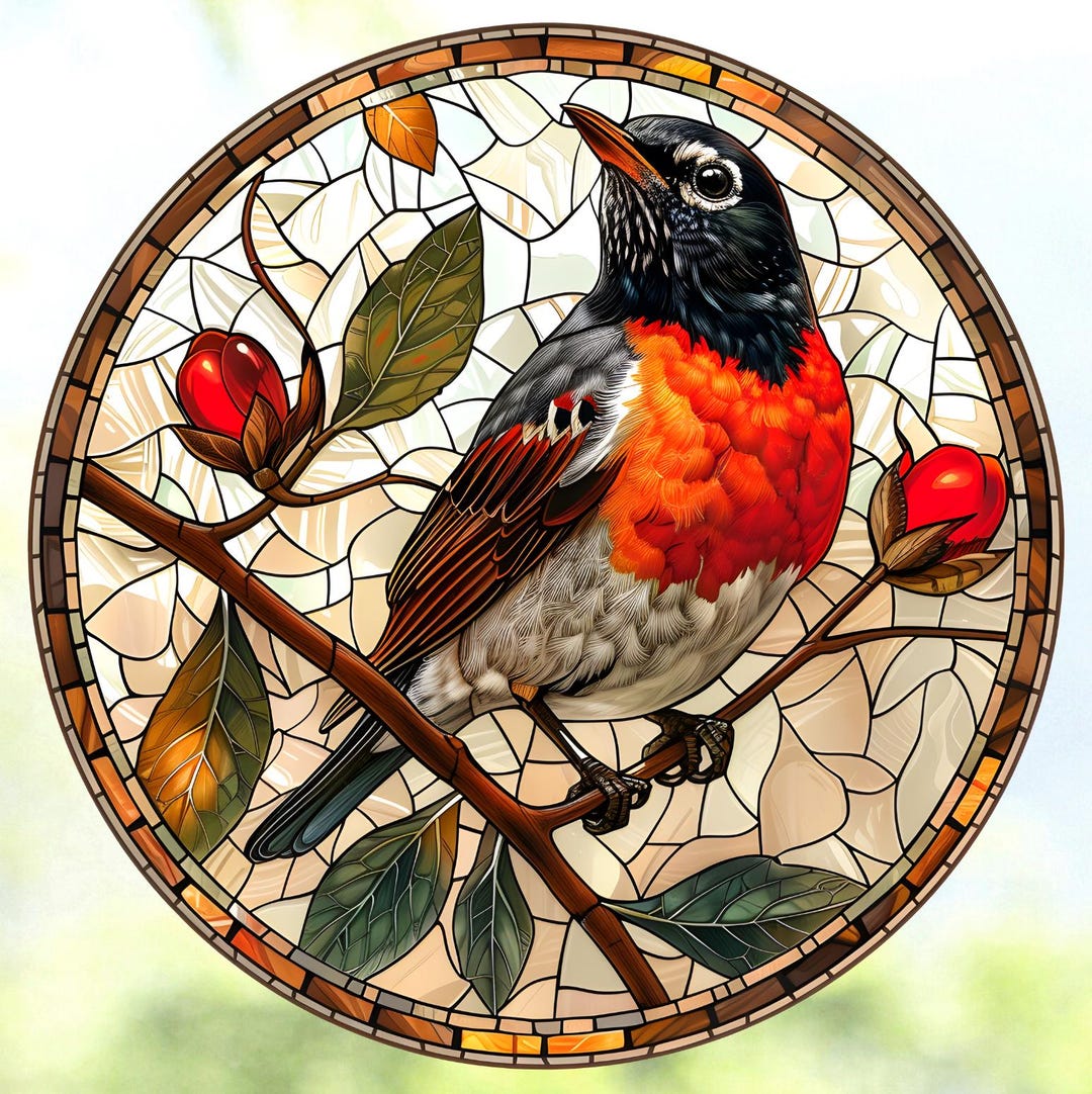 Robin Faux Stained-glass WINDOW CLING Glass-like Suncatcher Bird on ...