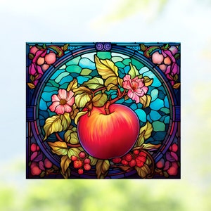 Apple WINDOW CLING Faux Stained Glass Fruit & Flowers Suncatcher Size 9 ...