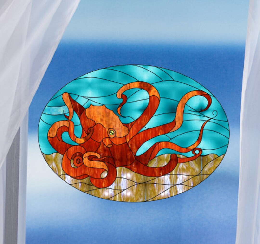 Octopus WINDOW CLING Faux Stained Glass Suncatcher Size 10.6 Oval Thick ...