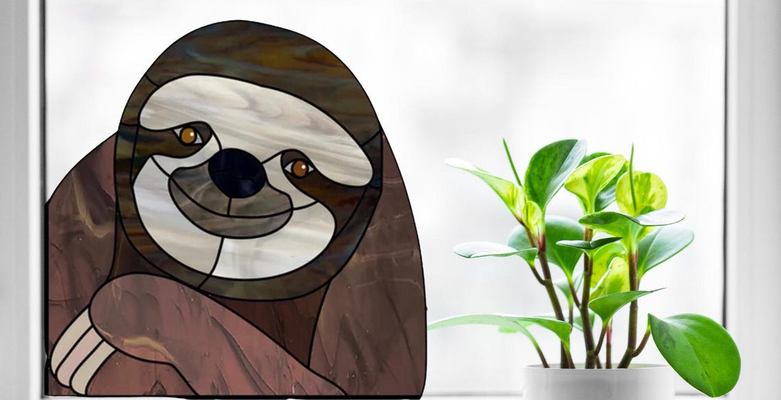 Peeking Sloth Faux Stained-glass WINDOW CLING Glossy, Translucent ...