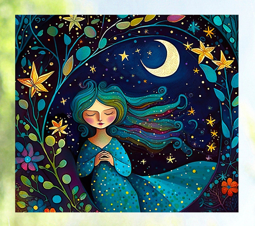 Folk Art WINDOW CLING Girl Night Moon Stars Suncatcher Size 10.6 With ...