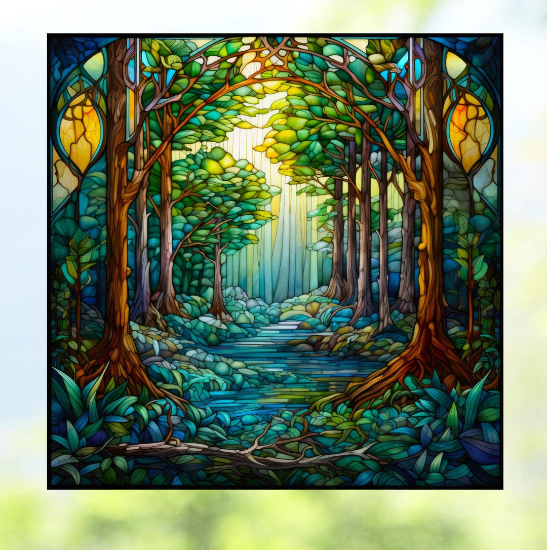 Beautiful Forest Faux Stained-glass Deluxe WINDOW CLING ~ Sun-catcher ...