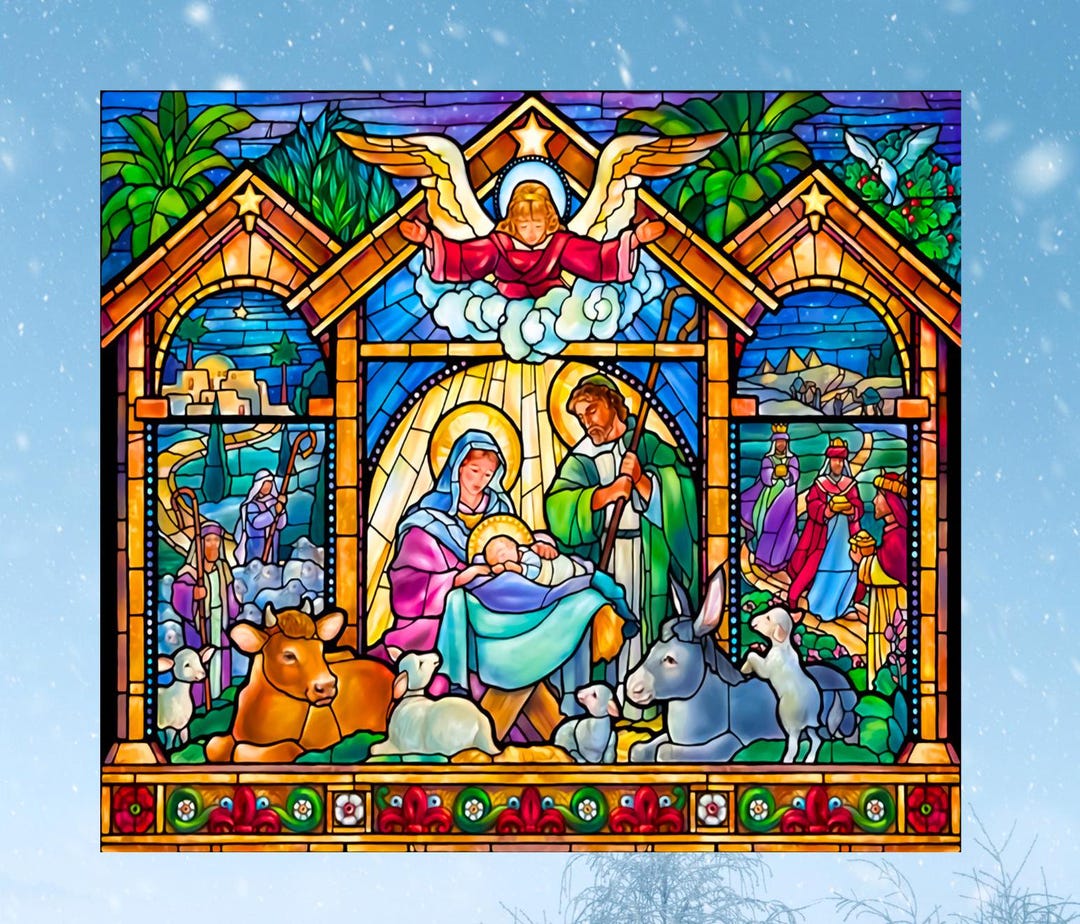 Nativity Faux Stained Glass Deluxe WINDOW CLING ~ Christmas Manger ...