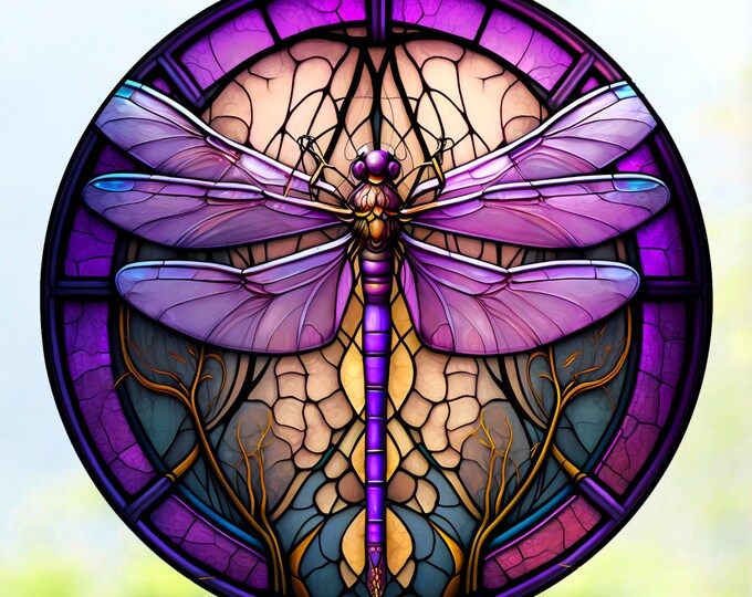 Faux Stained Glass Purple Dragonfly WINDOW CLING Violet Suncatcher ...