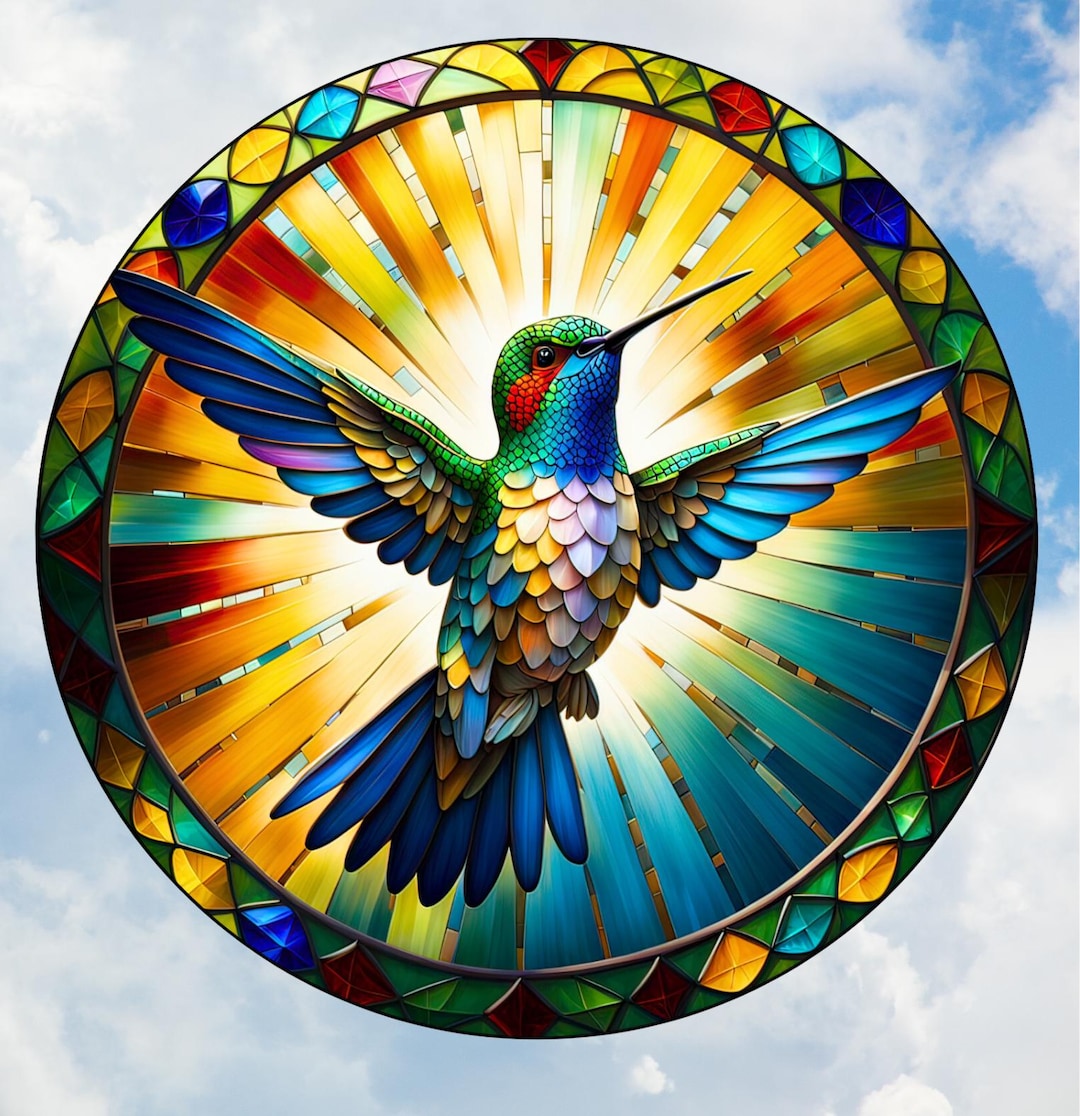 Hummingbird Faux Stained Glass Window Cling ~ Sun-catcher Size 8" Round ...