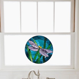 Faux Stained Glass Dragonfly WINDOW CLING Suncatcher Round Size 8 ...