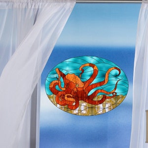 Octopus WINDOW CLING Faux Stained Glass Suncatcher Size 10.6 Oval Thick ...