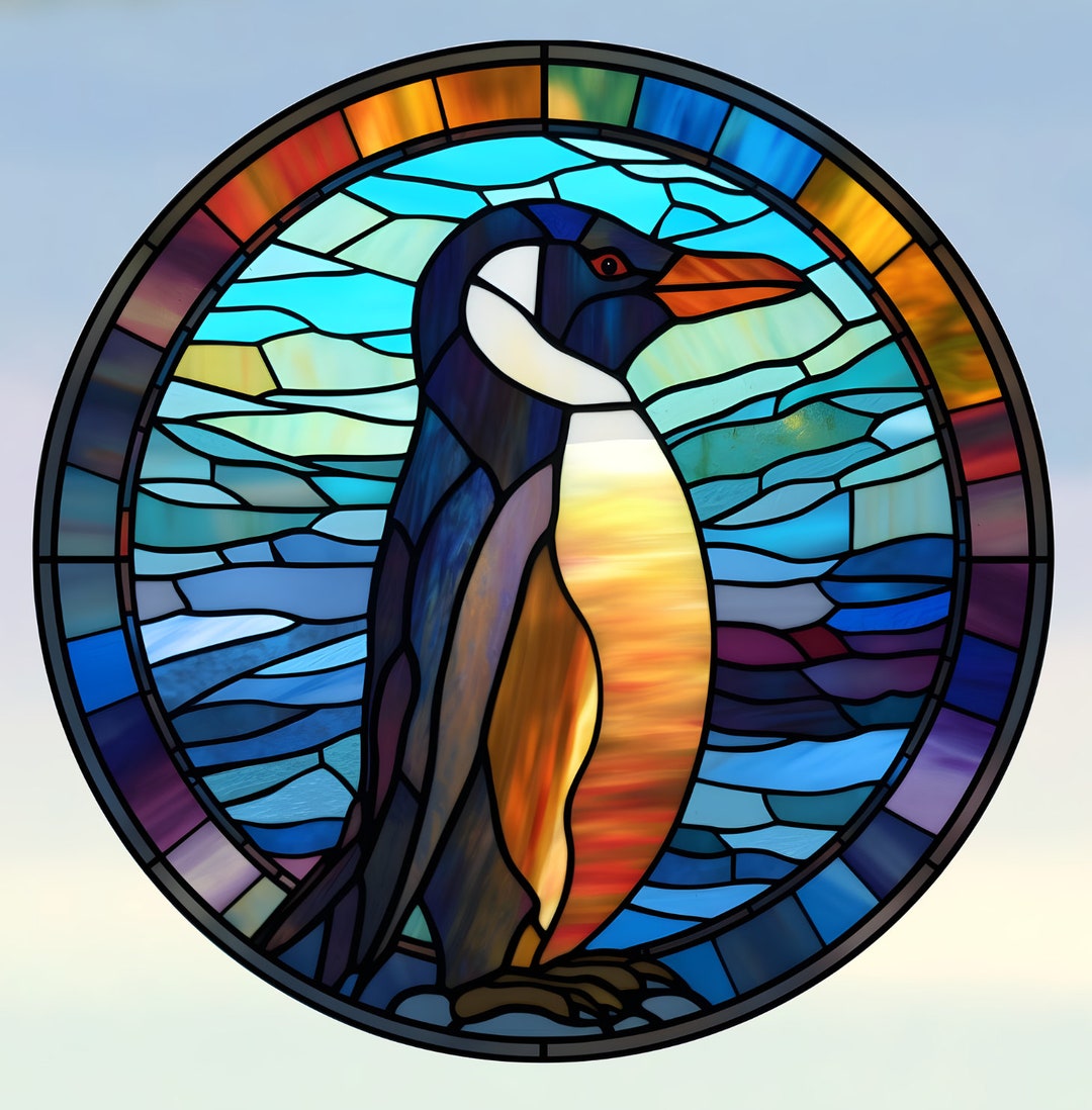 Penguin WINDOW CLING Faux Stained Glass Round Suncatcher Size 8 ...