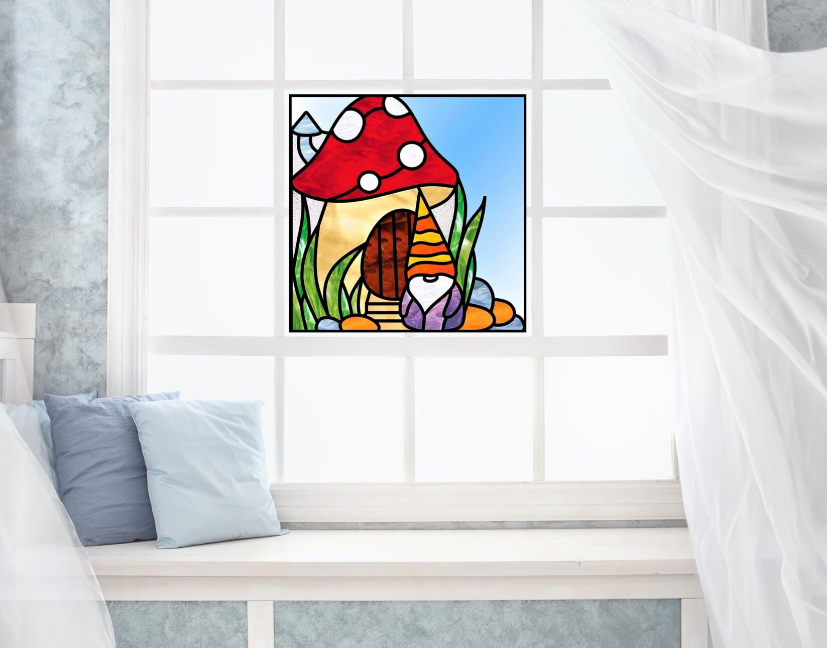 Gnome Mushroom WINDOW CLING Faux Stained Glass Suncatcher | Etsy